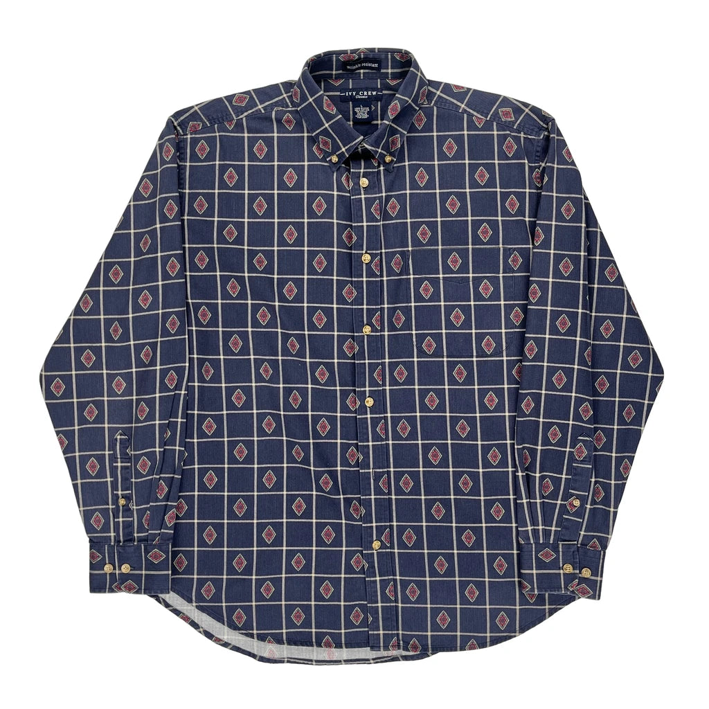 Wrinkle Resistant Ivy Crew Patterned Shirt - Large Blue Cotton ...
