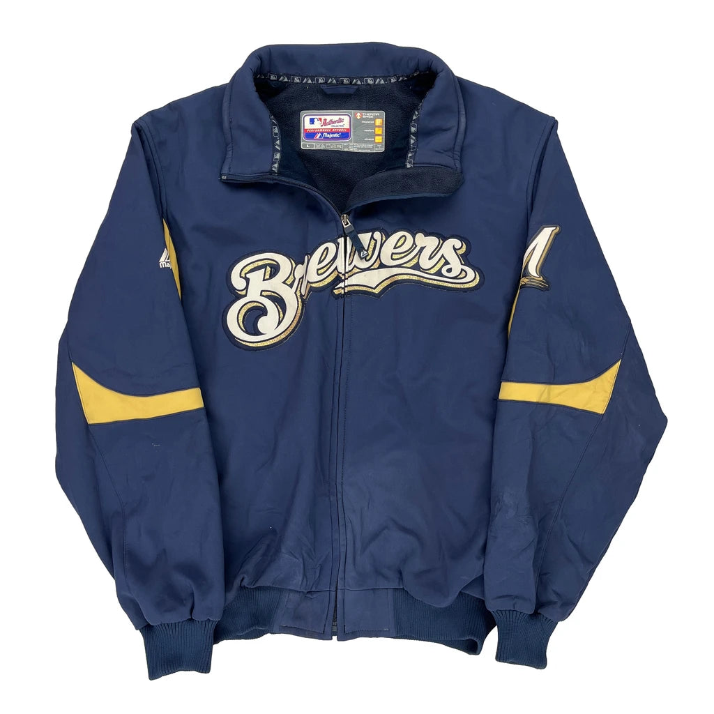 Brewers Majestic Mlb Jacket - Large Blue Polyester – Thrifted.com