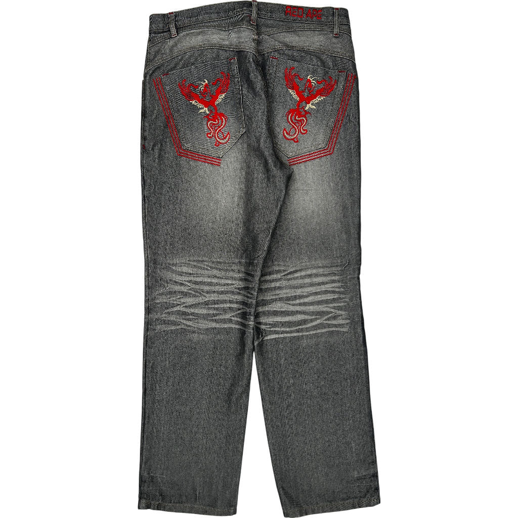 Hip Hop Red Ape Embroidered Jeans - 34W 31L - Black Cotton – Thrifted.com