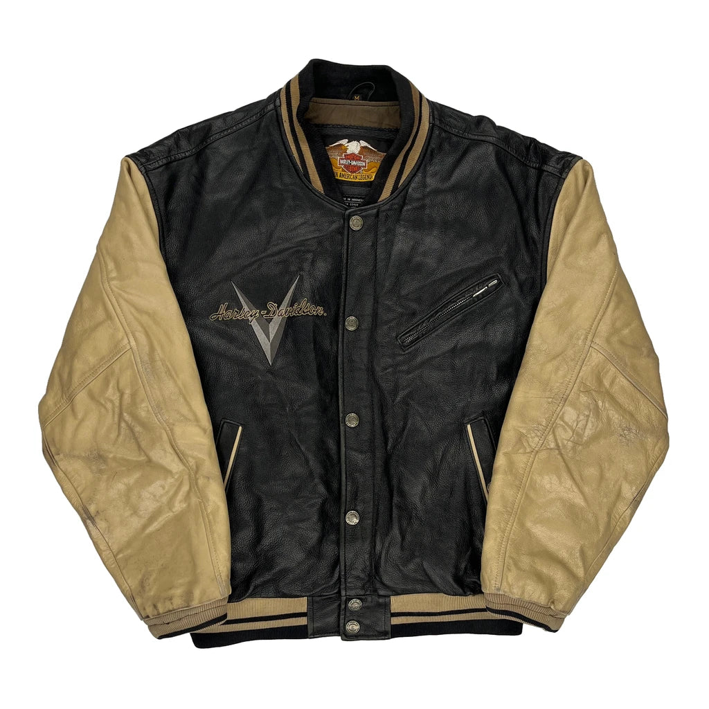 Harley Davidson Varsity Jacket - Medium Beige Leather – Thrifted.com