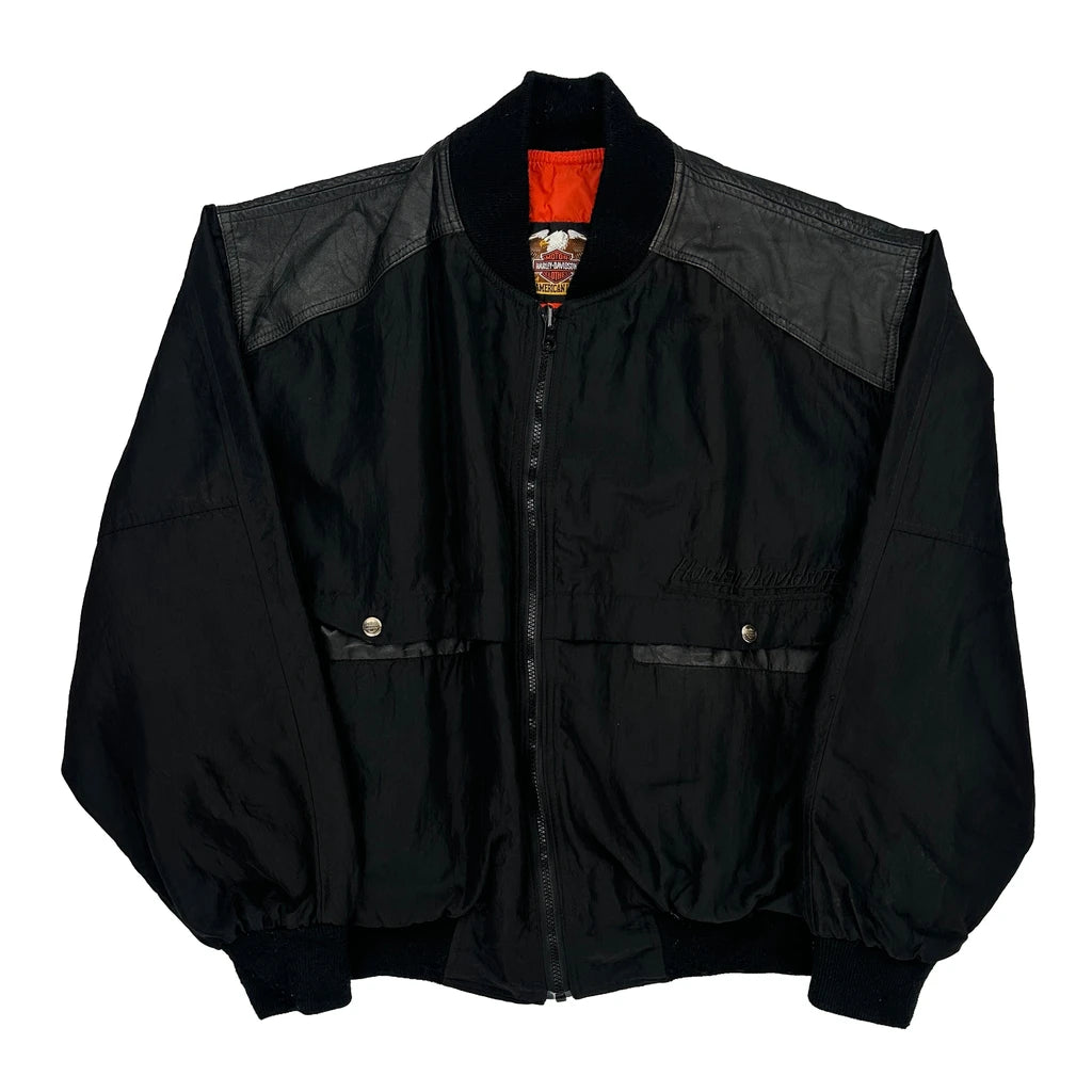 Harley Davidson Bomber Jacket - Large Black Nylon – Thrifted.com