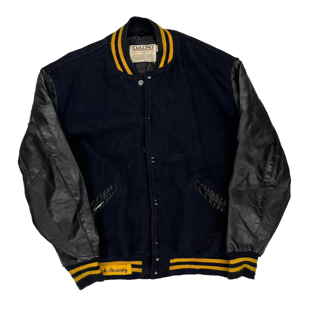 Made In Usa Delong Varsity Jacket - XL Black Wool Blend – Thrifted.com